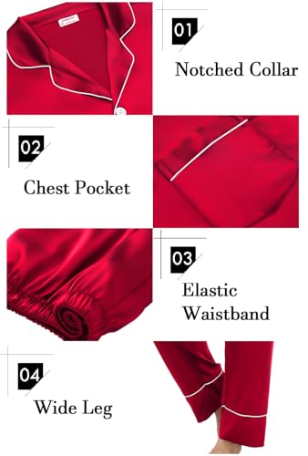 SWOMOG Womens Satin Pajamas Long Sleeve Sleepwear Silk Soft Button Down Loungewear Pjs Set S-XXL Reda Medium