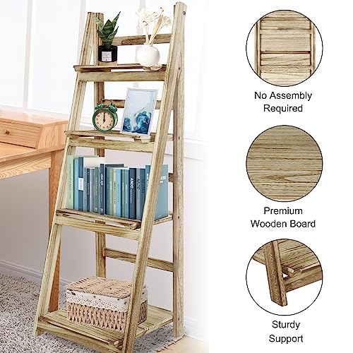 Babion Wood Ladder Shelf, 4-Tier Foldable Plant Shelf, Rustic Brown Indoor Plant Stand, Storage Rack Plant Stand for Home, Bedroom, Bathroom, Office, Industrial Style, Wooden Frame