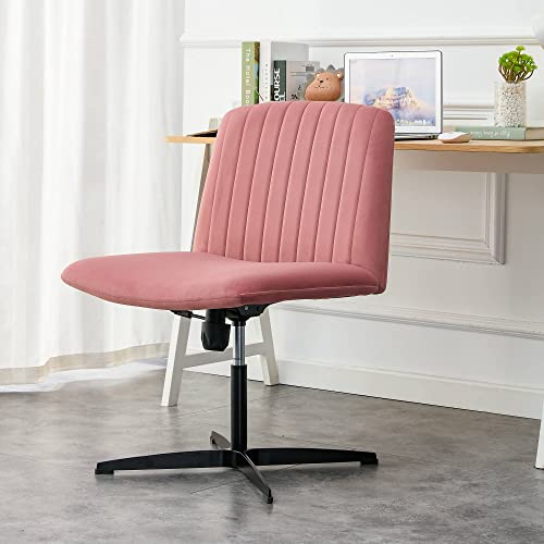 Velet Armless Office Chair no Wheels, PU Leather Home Desk Chair Height Adjustable Wide Swivel Office Chair no Arms, Mid Back Ergonomic Cross Legged Office Chair Pink