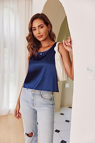 Ekouaer Women Satin Silk Pajamas Sets 2 Piece Pj Sets Sleeveless Tops and Long Pj Pant Set Soft Sleepwear Crewneck Cami Navy Blue Large