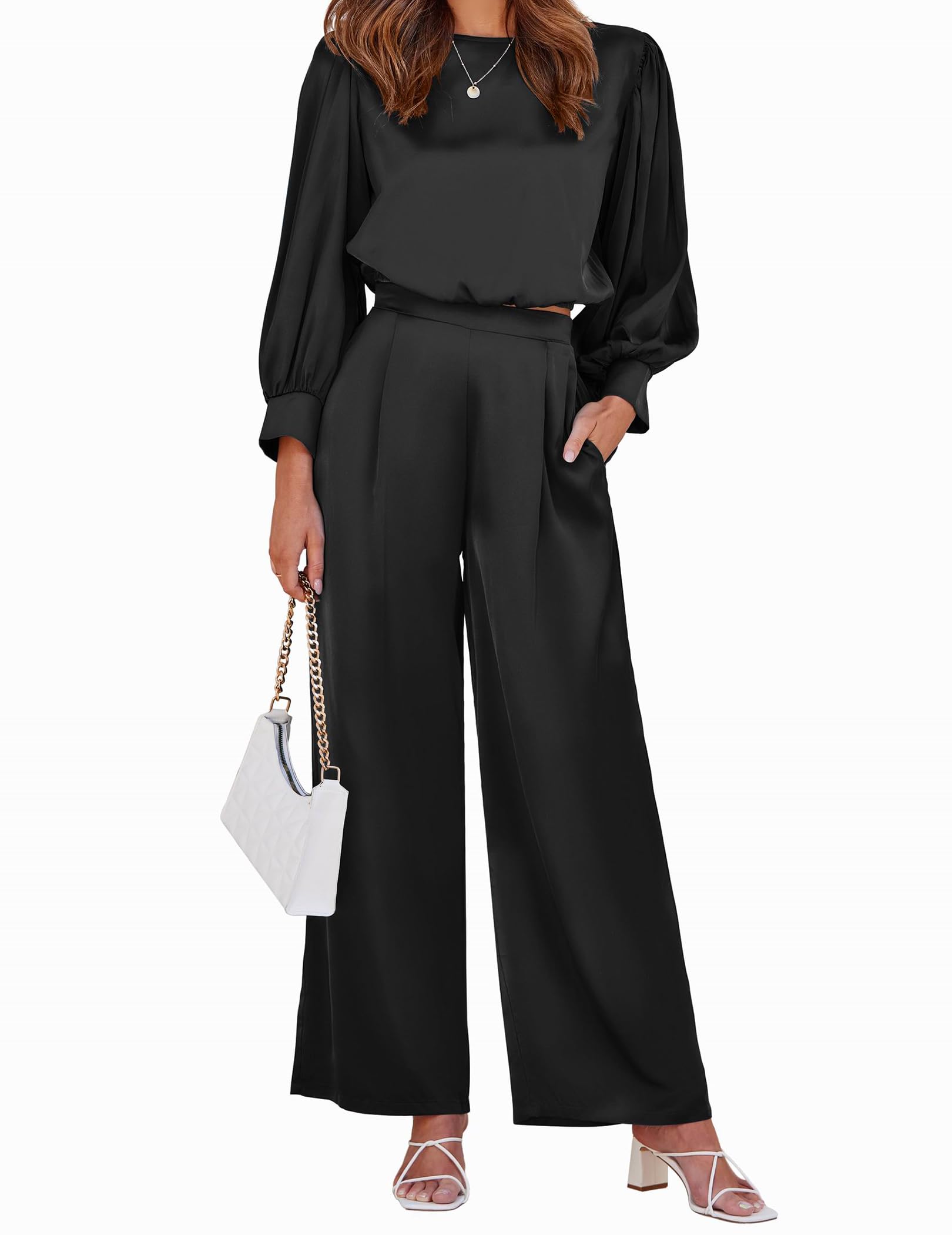 Ekouaer Women's Satin Pajama Set Long sleeve Loungewear Silk Pjs Set Black,M
