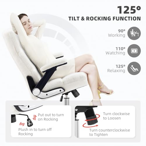 YAMASORO High Back Ergonomic Office Chair,Modern Computer Desk Chairs with Flip-up Armrests, Faux Fur Executive Swivel Rolling Chair (White)