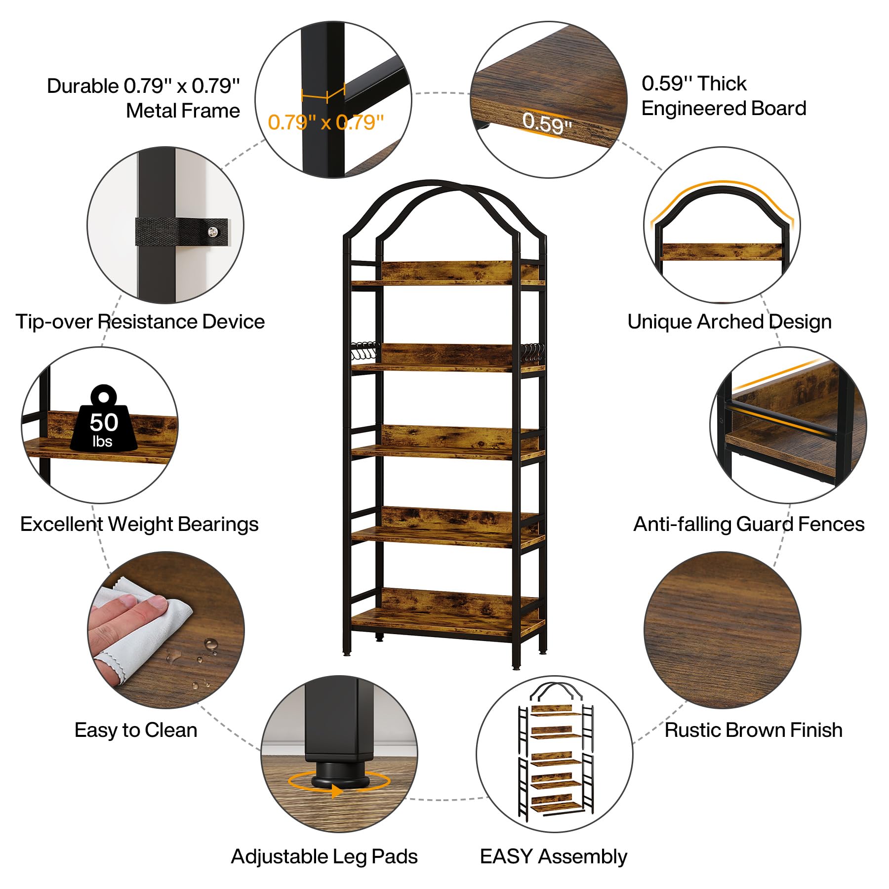 Tribesigns 5-Tier Bookshelf, 73" Tall Arched Bookcase, Industrial Wood Storage Rack Open Shelves with 4 Hooks, Modern Standing Bookshelves Metal Frame Display Rack for Home Office, Brown, 1 Pc