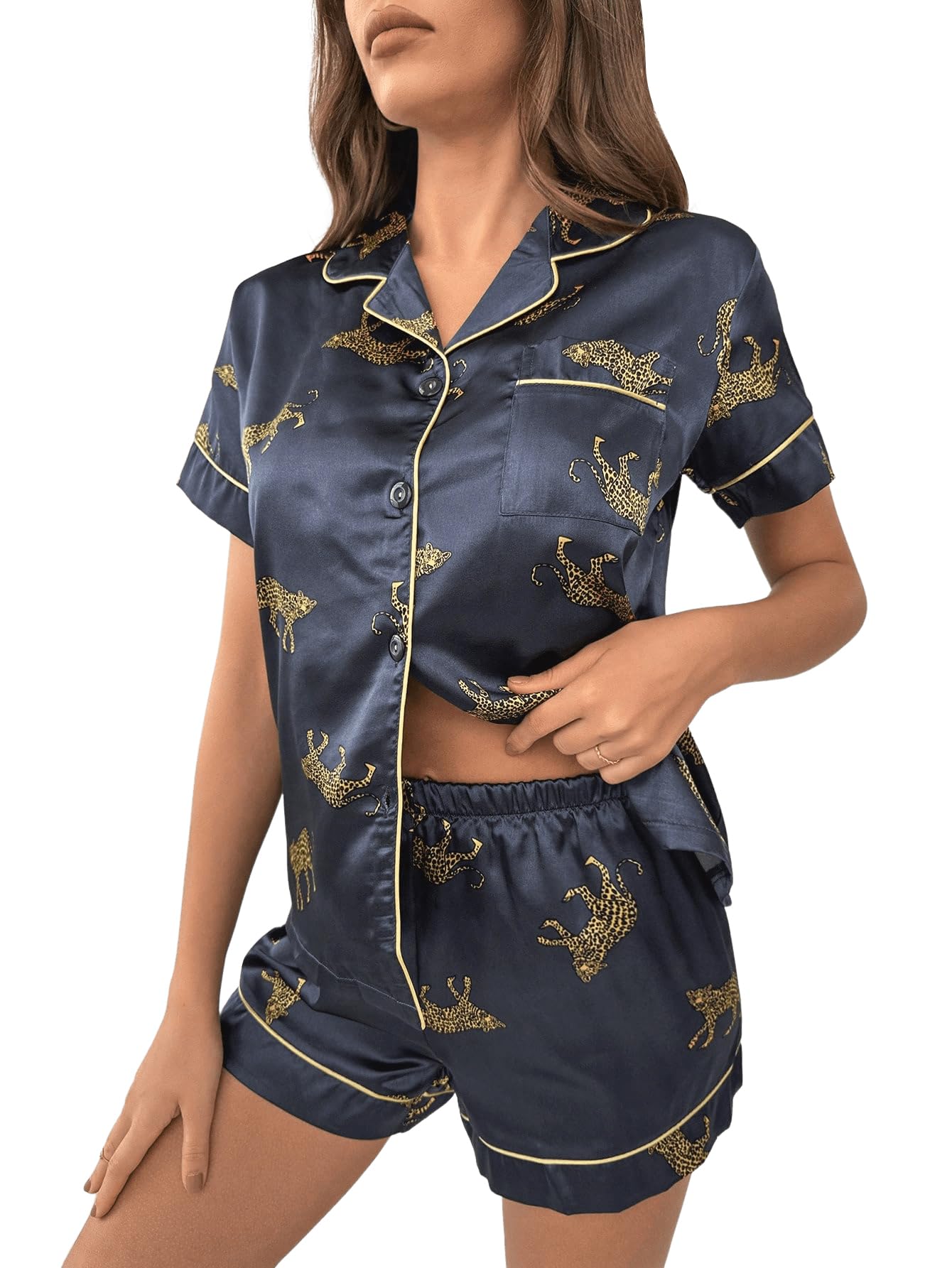 SweatyRocks Women's Short Sleeve Sleepwear Button Down Satin 2 Piece Pajama Set Black Leopard S