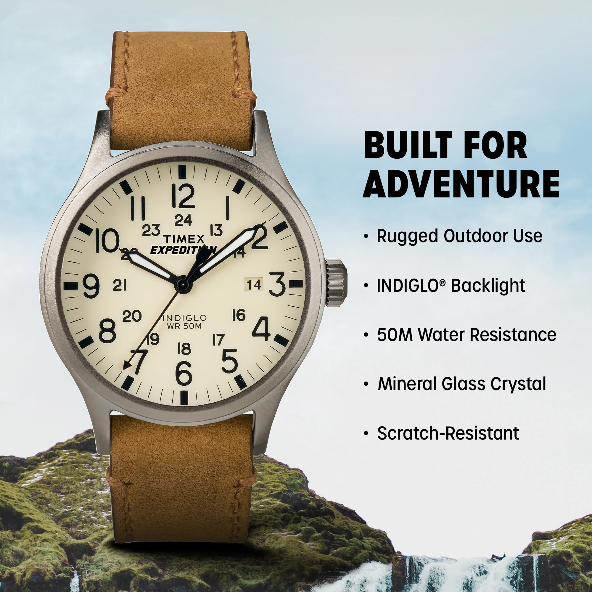 Timex Men's Expedition Scout 40mm Watch β Gray Case Cream Dial with Tan Leather Strap
