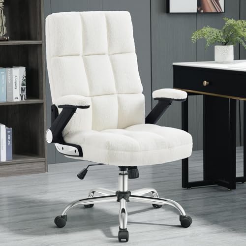 YAMASORO High Back Ergonomic Office Chair,Modern Computer Desk Chairs with Flip-up Armrests, Faux Fur Executive Swivel Rolling Chair (White)