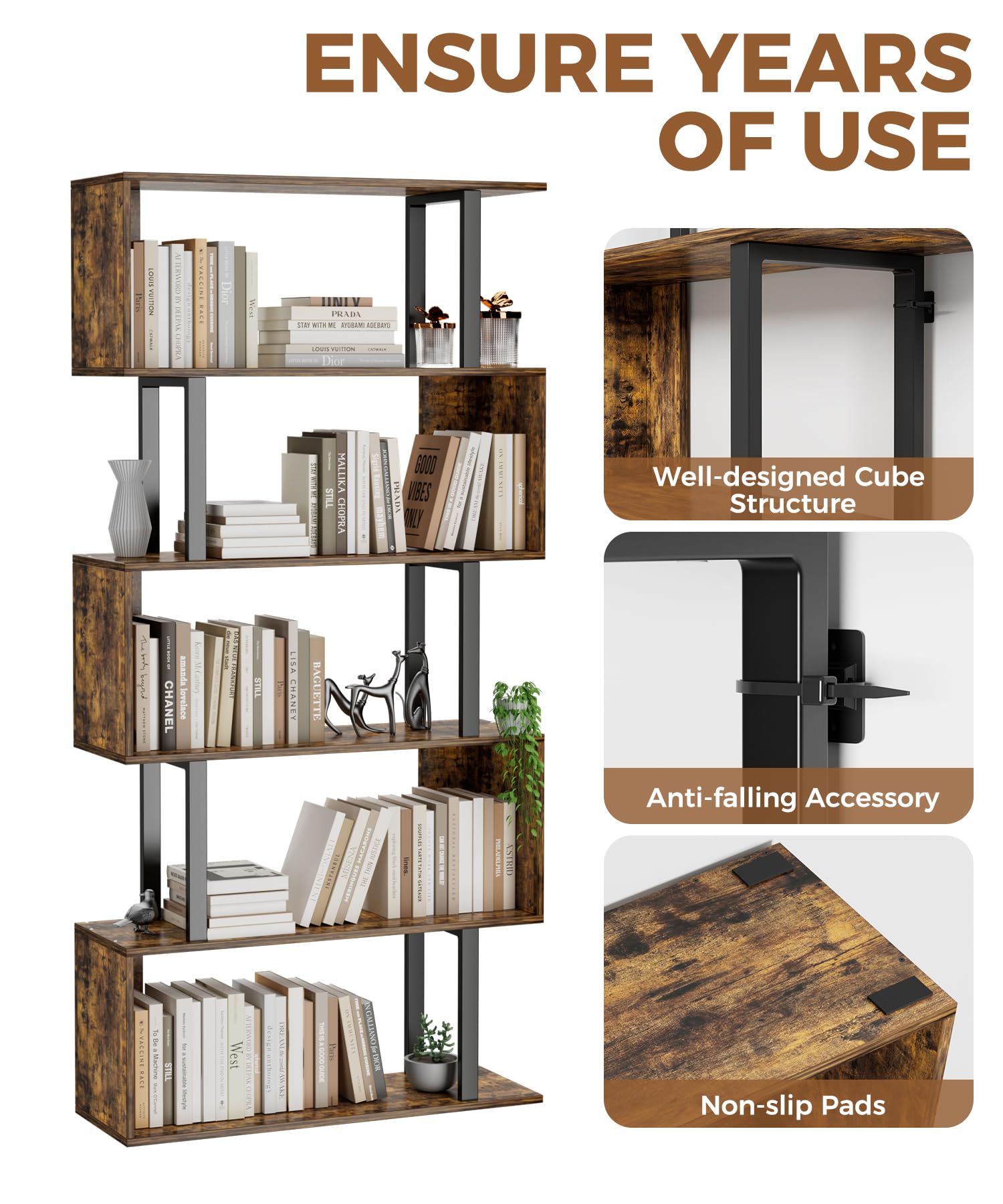Gadroad 5-Tier Geometric Bookcase,S Shaped Bookshelf, Wood Decorative Storage Shelving, Modern Freestanding Display Shelves, Tall Book Shelf Unit for Living Room Bedroom, Rustic Brown