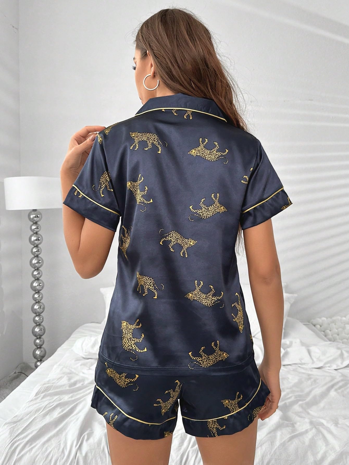 SweatyRocks Women's Short Sleeve Sleepwear Button Down Satin 2 Piece Pajama Set Black Leopard S