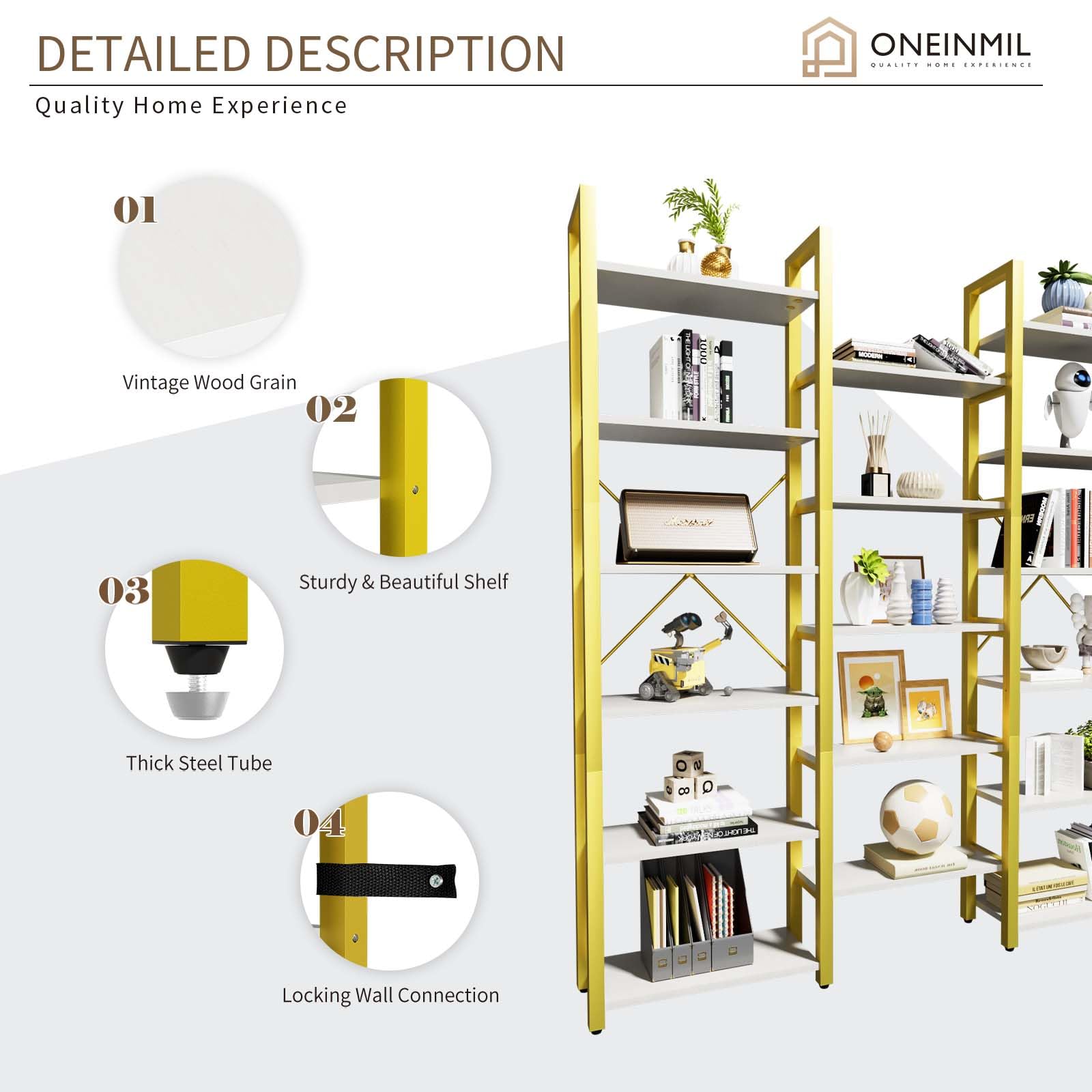 oneinmil Triple Wide 6-Shelf Bookcase Industrial Vintage Wood Style Large Open Bookshelves for Home&Office, Rustic Brown (6 Tier, White/Gold)