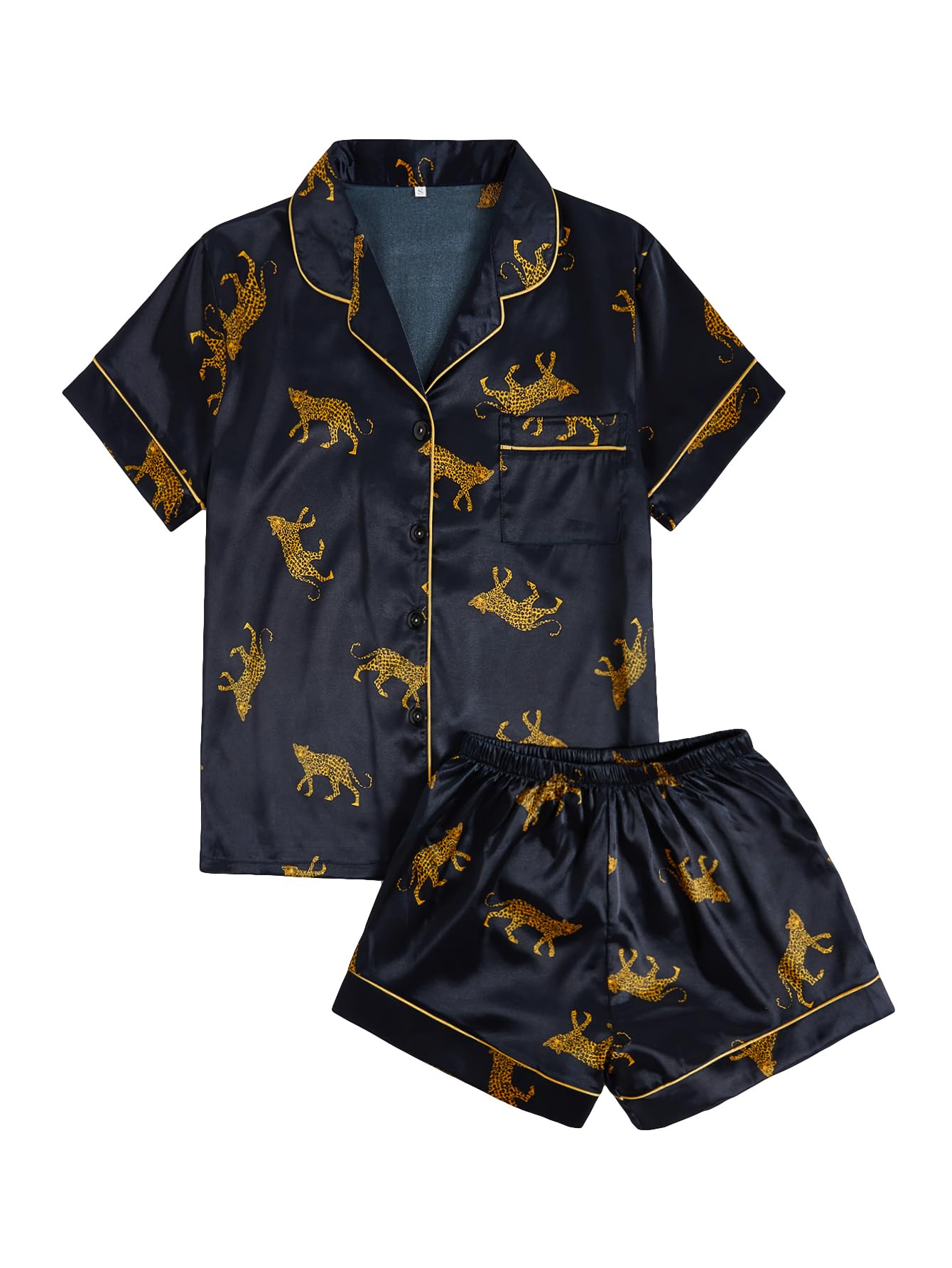 SweatyRocks Women's Short Sleeve Sleepwear Button Down Satin 2 Piece Pajama Set Black Leopard S