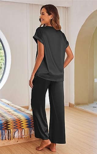 Ekouaer Womens Satin Pajama Set Guipure V Neck Tops and Long Pants Louge Set Short Sleeve Silk Sleepwear with Pockets Black