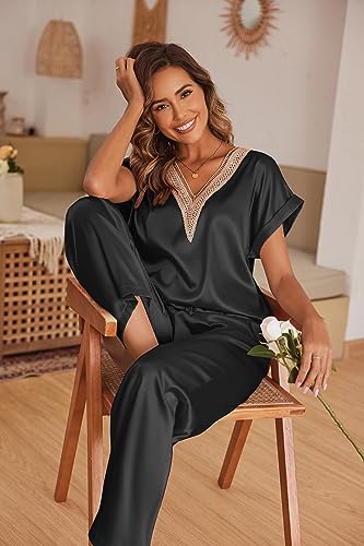 Ekouaer Womens Satin Pajama Set Guipure V Neck Tops and Long Pants Louge Set Short Sleeve Silk Sleepwear with Pockets Black