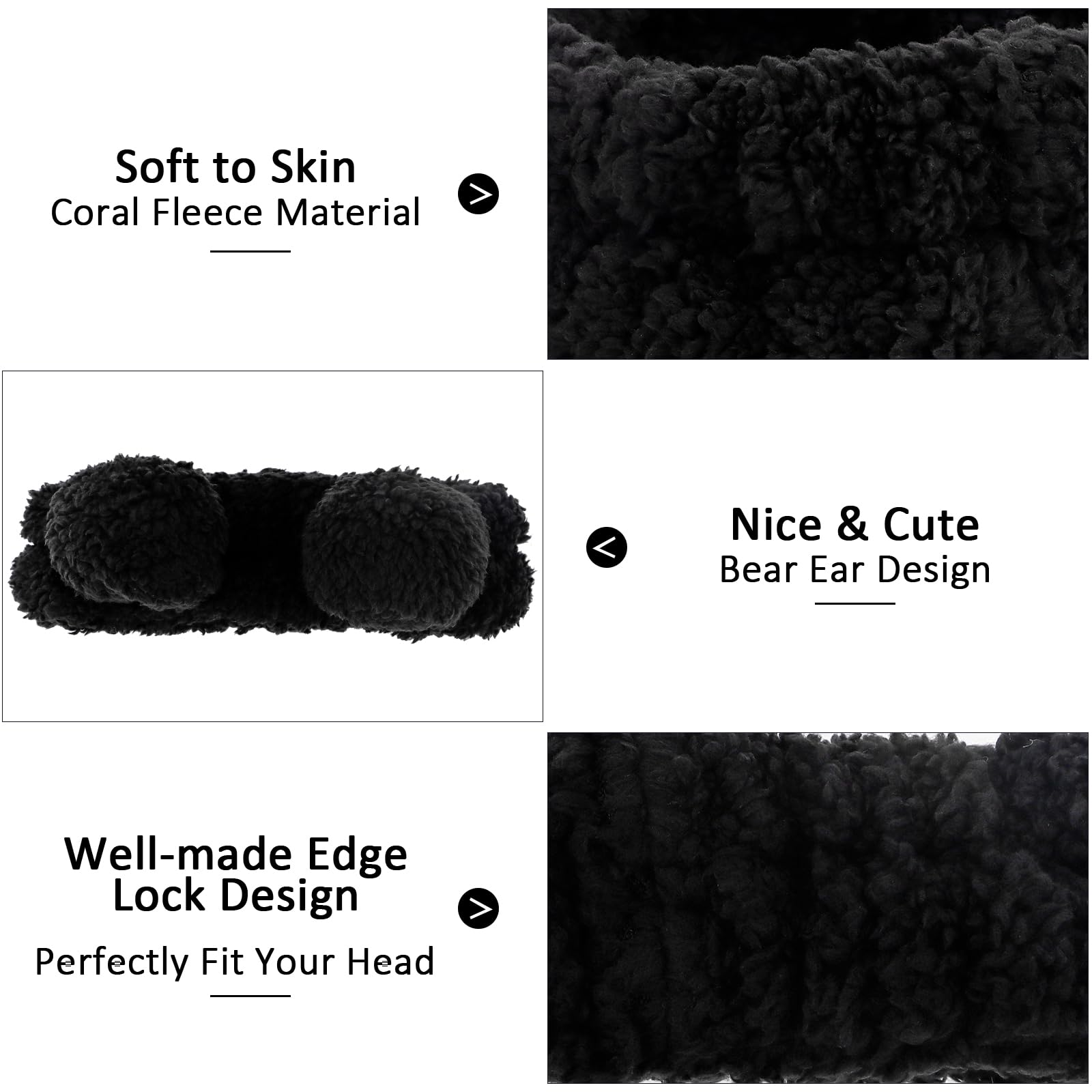 Ondder 2 Pcs Bear Ears Skincare Headbands - Black & White Spa Headbands for Makeup, Cosmetic, Spa & Party