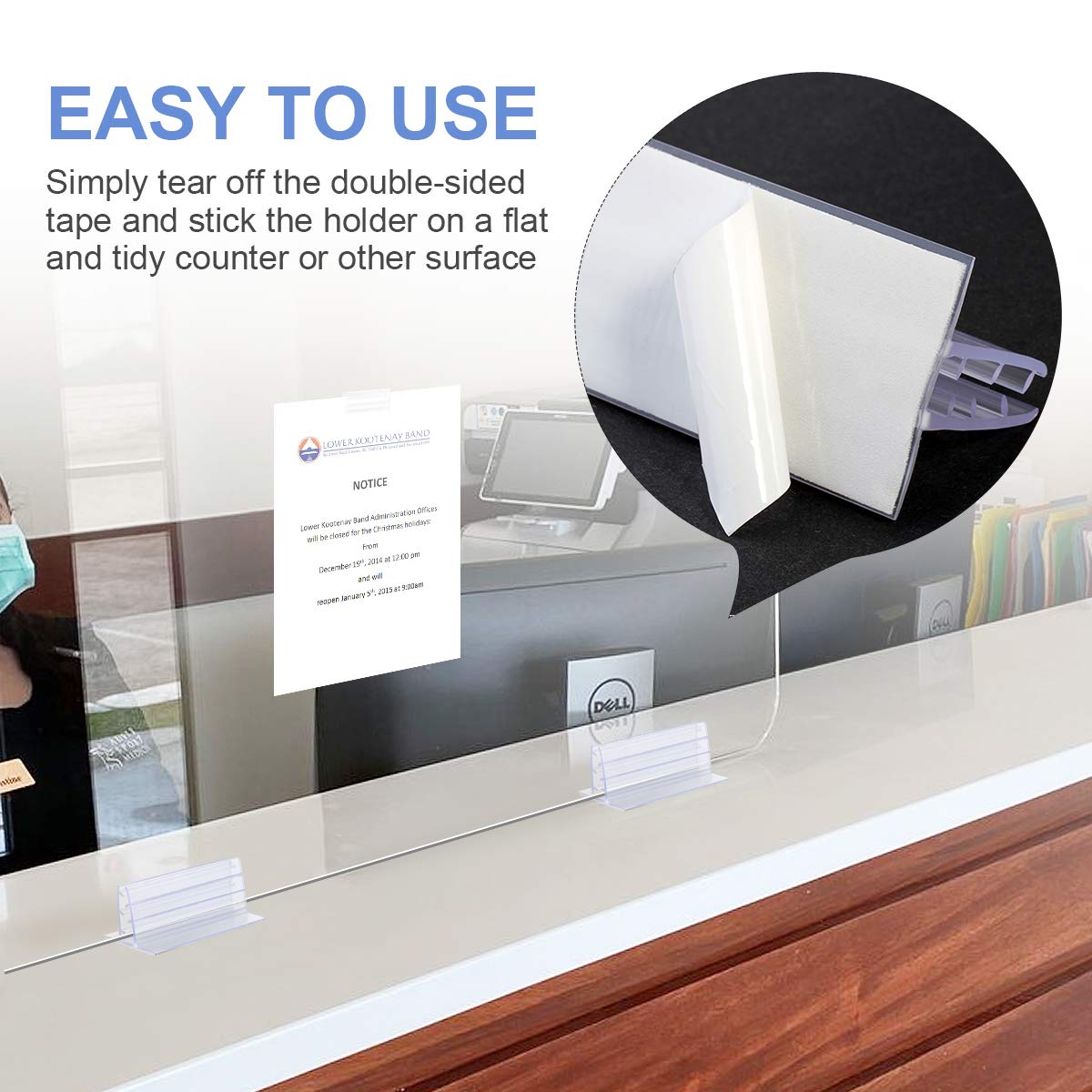 Lenink 10Pcs Adhesive Sneeze Guard Holder, Self Adhesive Plexiglass Holder Stand with 5Pcs Label Clips for 3/16" to 1/4" Thick Fasten Acrylic Panels Plexiglass Sheets