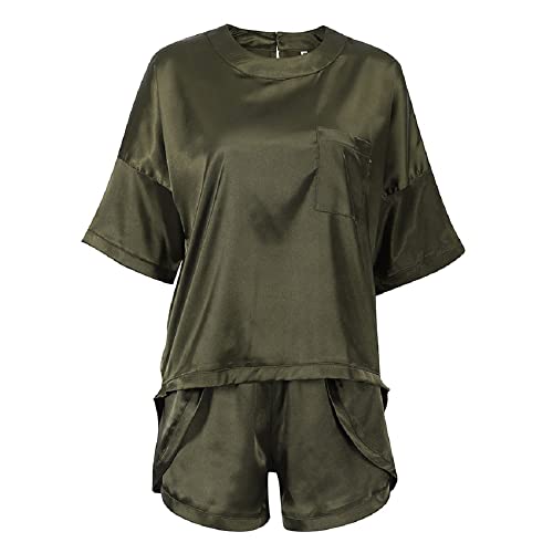 Pajama Sets Womens Silk Satin Pajamas Family Set Short Sleeve Nightwear with a Pocket Soft Loungewear for Summer Spring,2-imitation Silk-green,X-Large