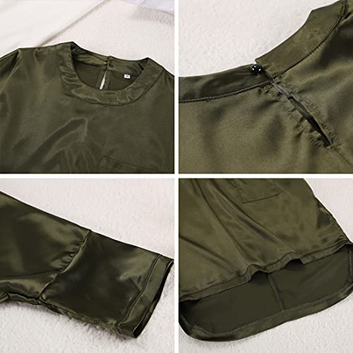 Pajama Sets Womens Silk Satin Pajamas Family Set Short Sleeve Nightwear with a Pocket Soft Loungewear for Summer Spring,2-imitation Silk-green,X-Large
