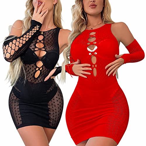 RechicGu Women's Fishnet Lingerie Lace Mesh Hole Chemise Lingerie Long Sleeved Babydoll Bodysuit Dress Free Size for Women Light (Black,Red)
