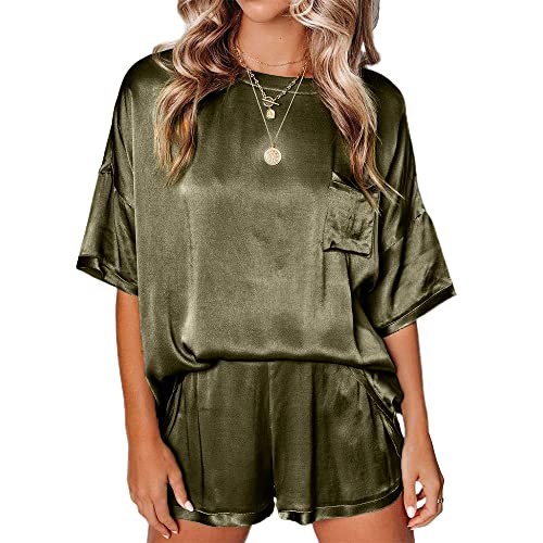 Pajama Sets Womens Silk Satin Pajamas Family Set Short Sleeve Nightwear with a Pocket Soft Loungewear for Summer Spring,2-imitation Silk-green,X-Large