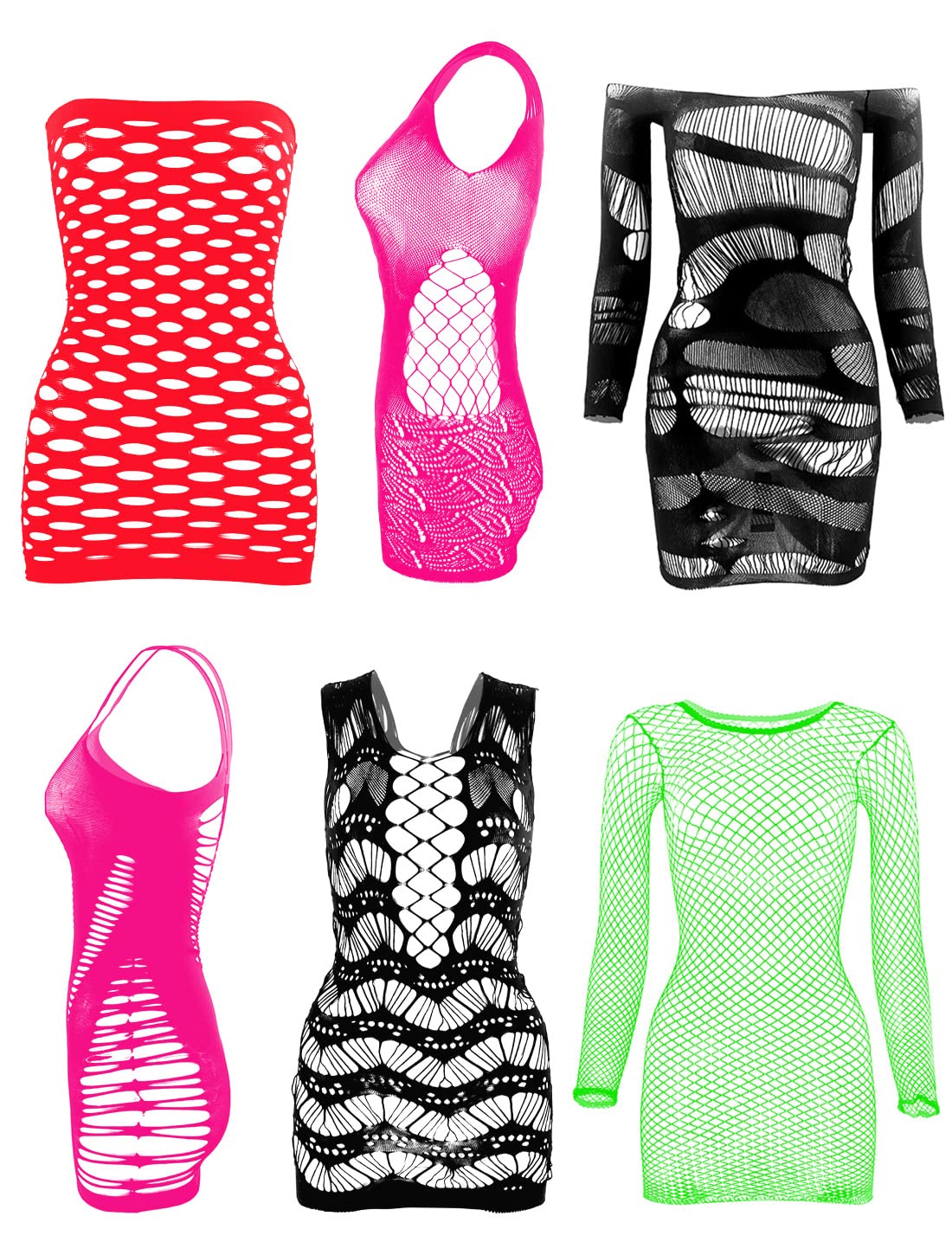 LEMON GIRL 6 Pieces Women's Fishnet Lingerie Top Mesh Babydoll Chemises Dress General Size