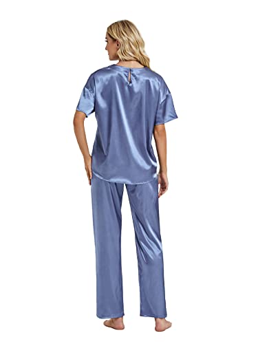 LYANER Women's Satin Silk Pajama Set Short Sleeve T-shirt with Pants Set PJ Loungewear Dark Blue X-Small