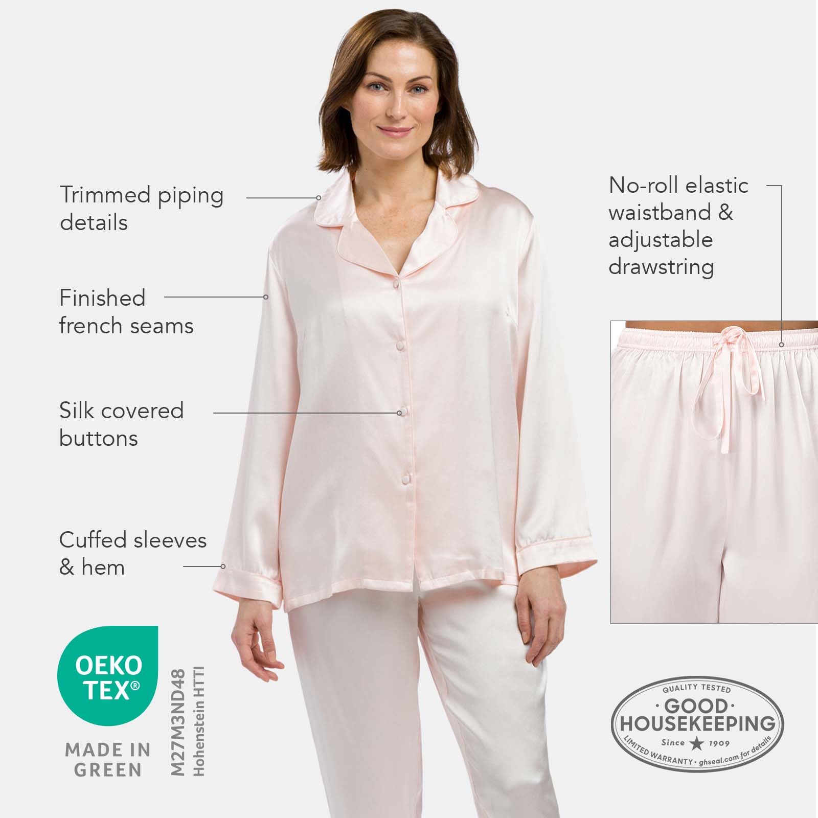 Fishers Finery Women's 100% Pure Mulberry Silk Long Pajama Set with Gift Box - Luxury Loungewear (Pink, M)