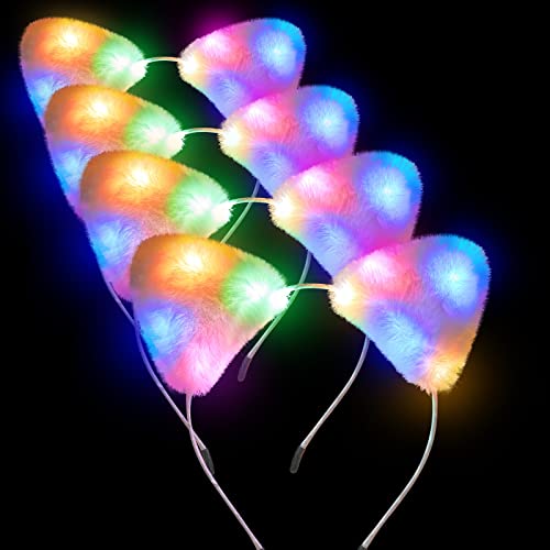Juexica 4 Pieces Halloween Light up Furry Kitty Headband Cat Ears Cute LED Glow Party Hair Accessories Supplies for Women (Multicolor)
