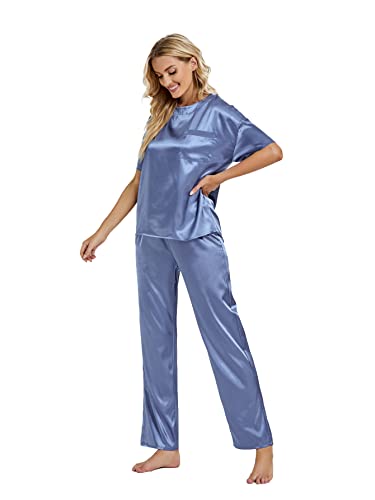 LYANER Women's Satin Silk Pajama Set Short Sleeve T-shirt with Pants Set PJ Loungewear Dark Blue X-Small