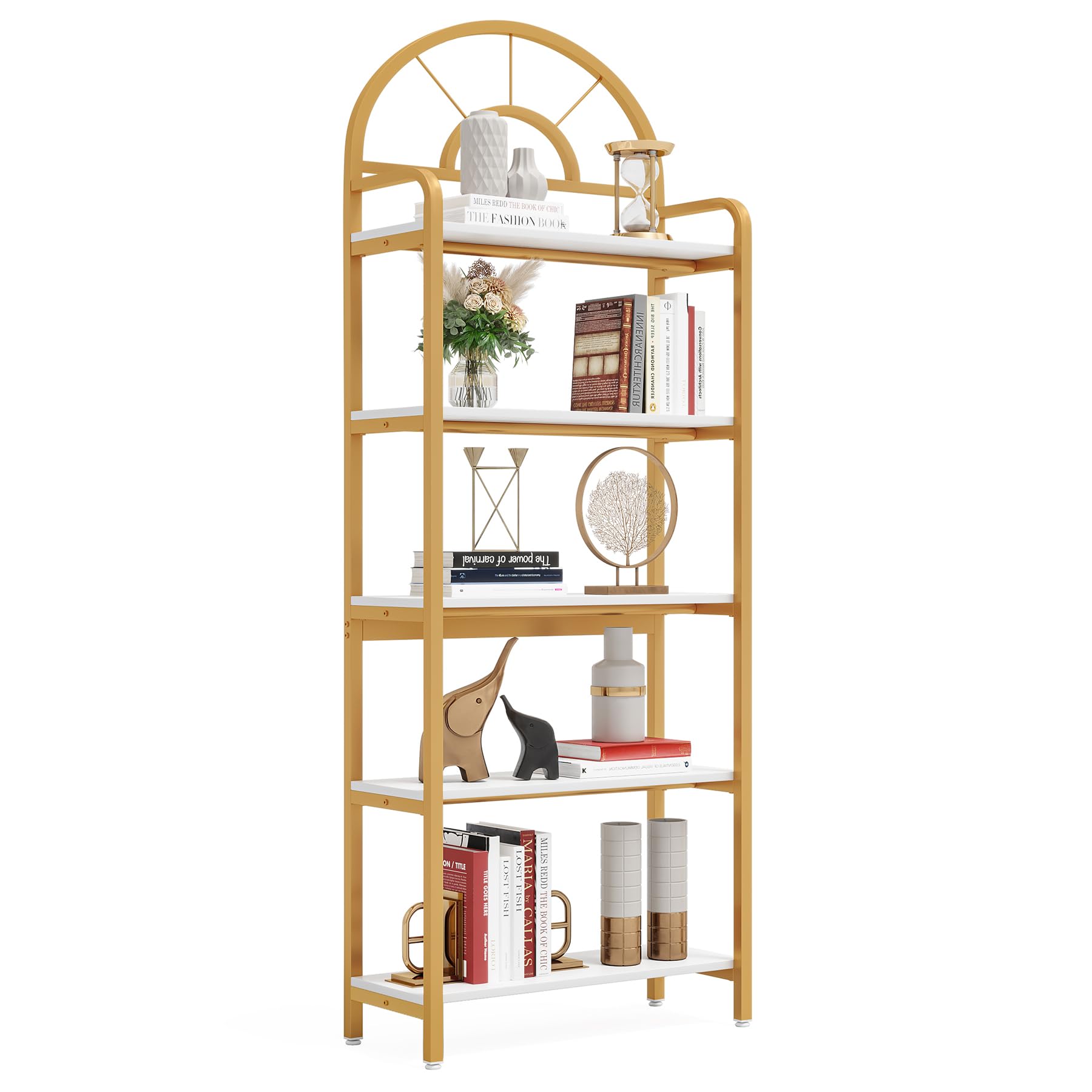LITTLE TREE 5 Tier Bookcases Arched Bookshelf, Freestanding Tall Display Shelves, Heavy Duty Metal Frame Decorative Shelf for Living Room Bedroom Study Room, White Gold