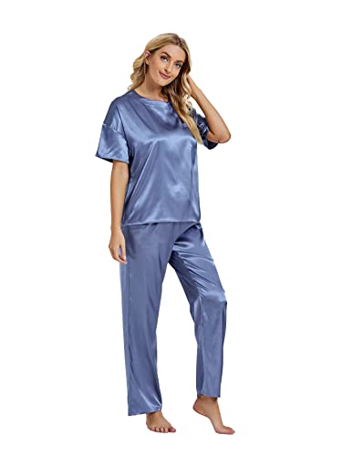 LYANER Women's Satin Silk Pajama Set Short Sleeve T-shirt with Pants Set PJ Loungewear Dark Blue X-Small