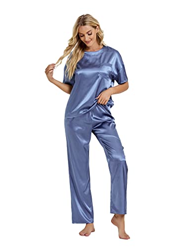 LYANER Women's Satin Silk Pajama Set Short Sleeve T-shirt with Pants Set PJ Loungewear Dark Blue X-Small