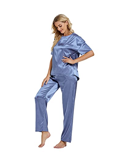 LYANER Women's Satin Silk Pajama Set Short Sleeve T-shirt with Pants Set PJ Loungewear Dark Blue X-Small