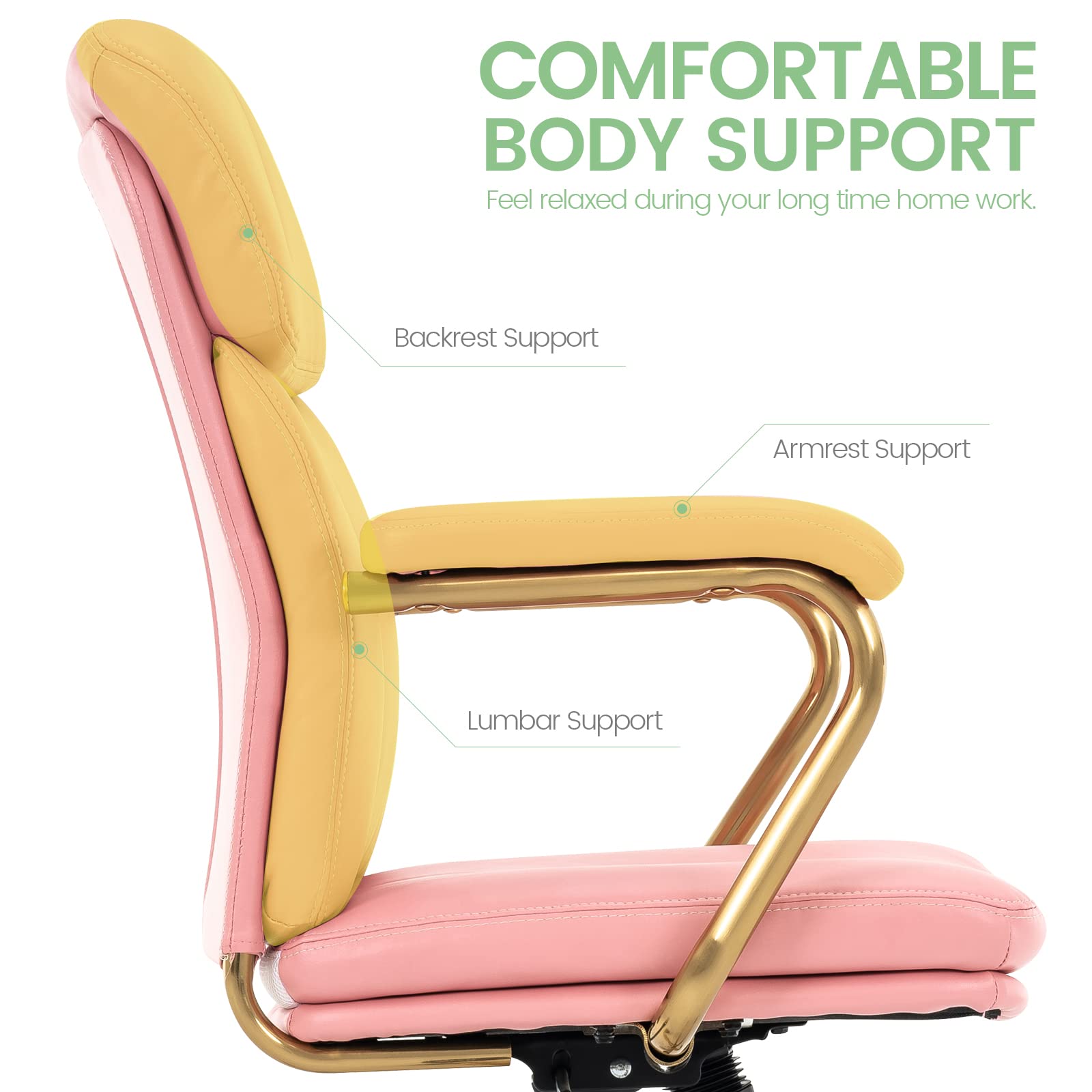 MFD LIVING Home Office Chair, Modern Upholstered Mid-Back PU Leather Task Desk Chair with Arms, Adjustable Rocking Swivel Computer Chair with Wheels (Pink)