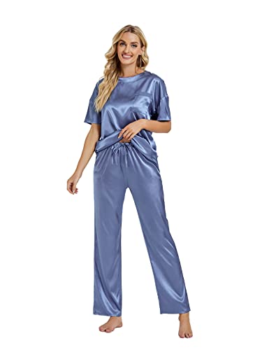 LYANER Women's Satin Silk Pajama Set Short Sleeve T-shirt with Pants Set PJ Loungewear Dark Blue X-Small