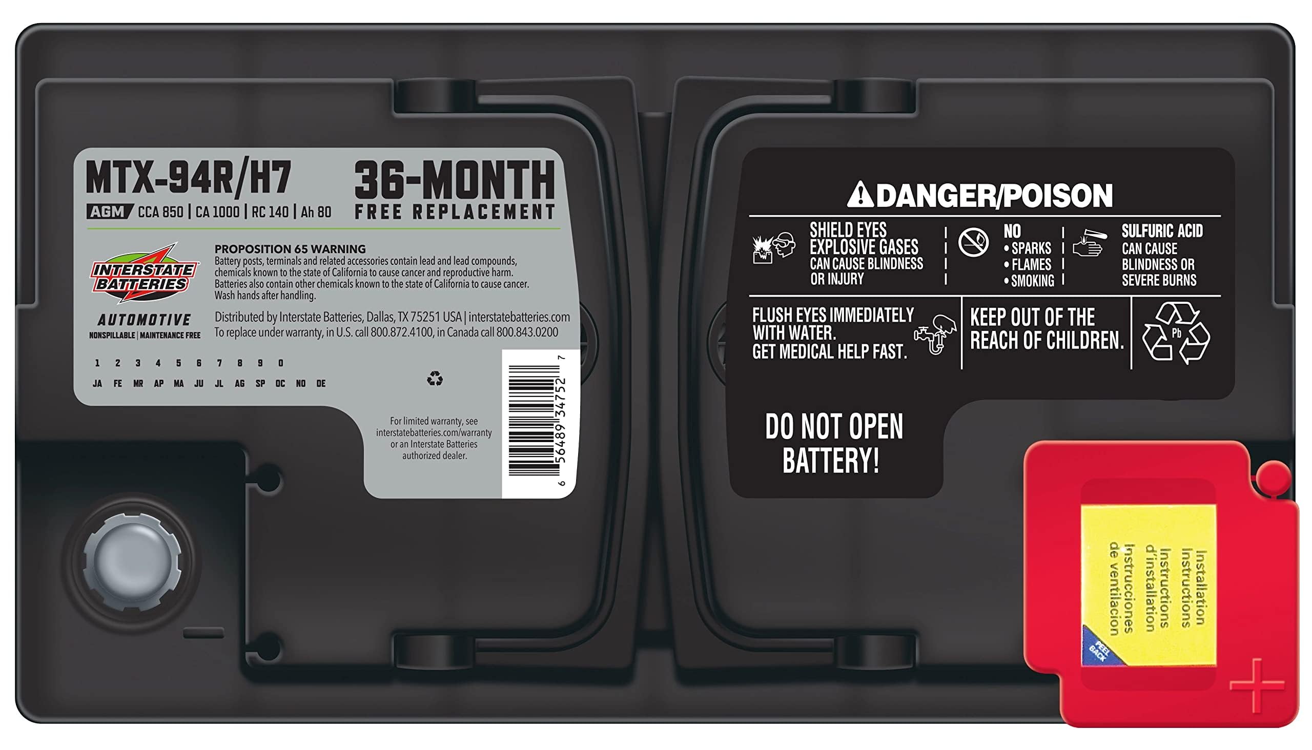 Interstate Batteries Automotive Battery 12V 80Ah (Group Size H7, 94R) 850CCA SLI AGM Automobile Replacement Battery for Cars, SUVs, Sedans, Trucks (MTX-94R/H7)