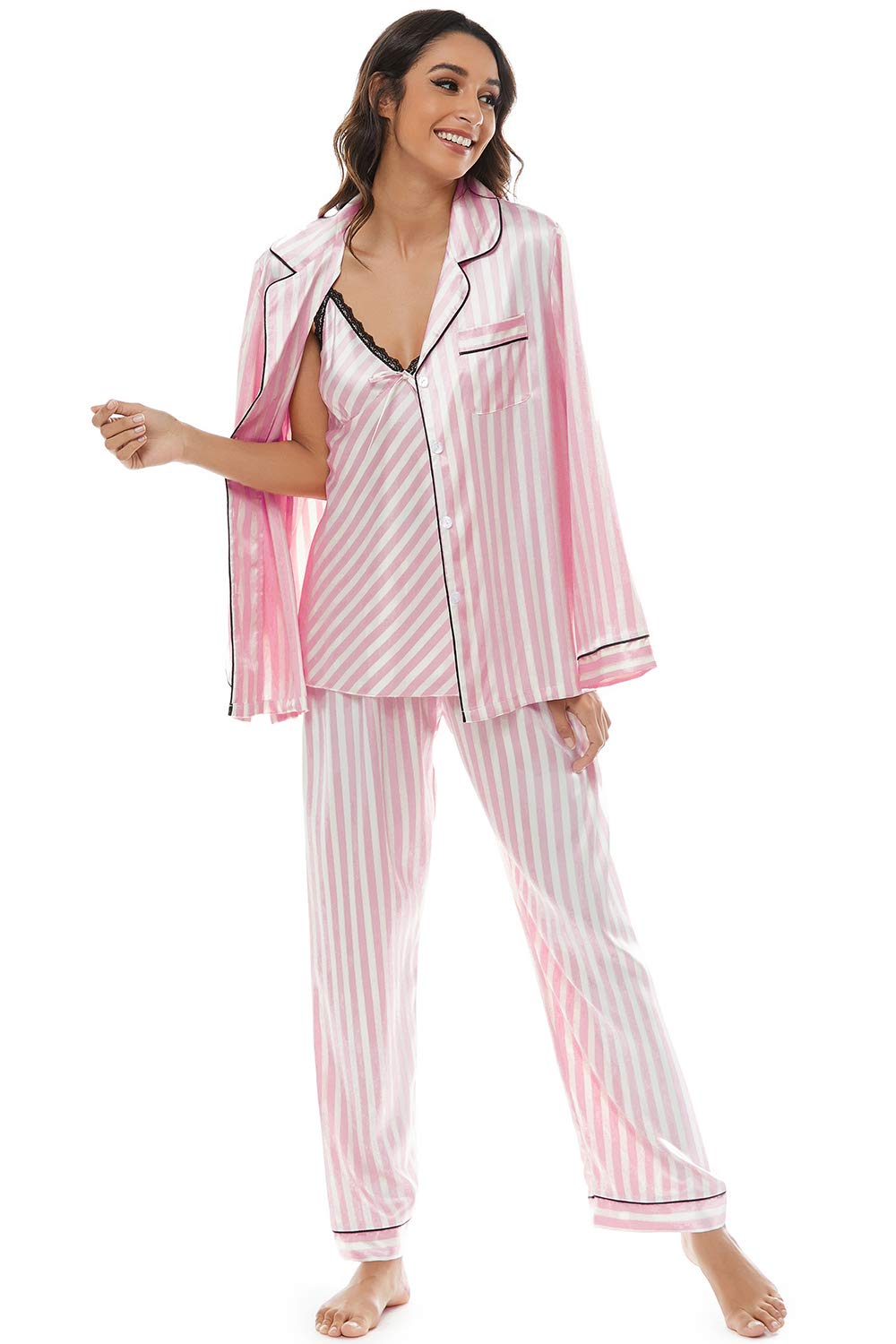 Escalier Womens 5pcs Silk Satin Pajama Set Cami Pjs Sleepwear Button Down Pj Sets Loungewear Pink