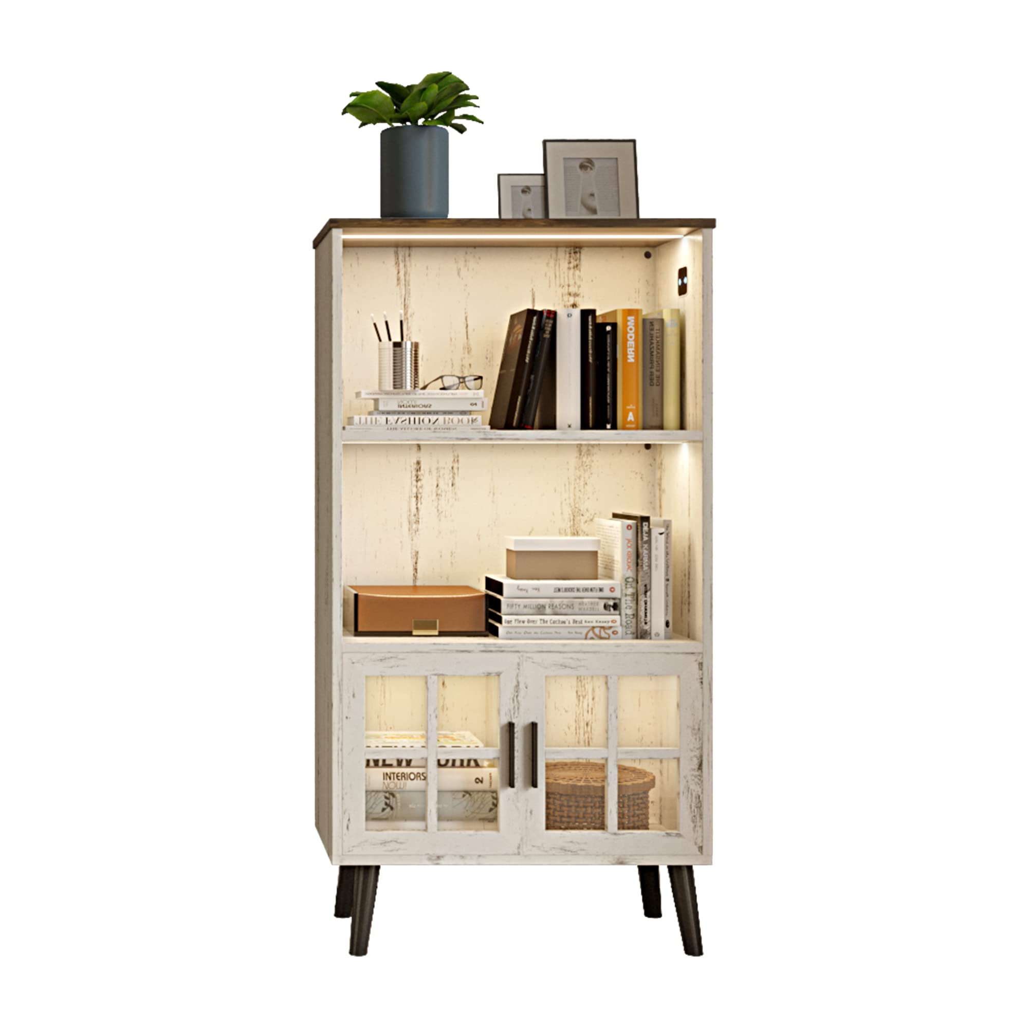 LVSOMT 3 Shelf Bookcase with LED Lights,Book Case with 2 Open Shelves, Storage Cabinet with Door, Human Body Induction Mode, Modern Wood Bookshelf for Bedroom/Living Room/Office, White