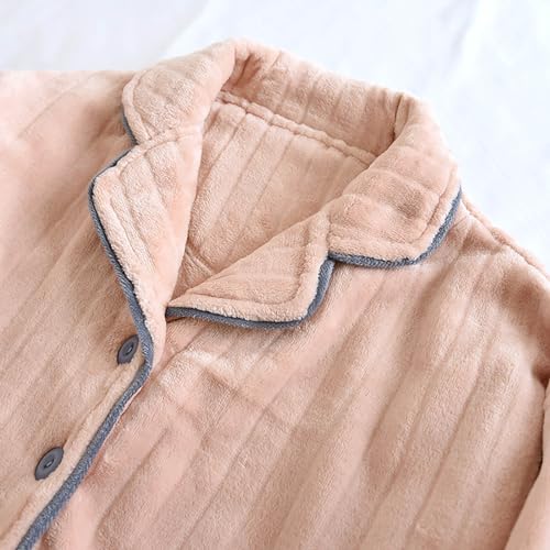Dadatutu Women's Solid Cable Fleece Pajamas Sets Lapel Sleepwear Pocket Loose Long Sleeve Button Shirt Trousers Pajama Set