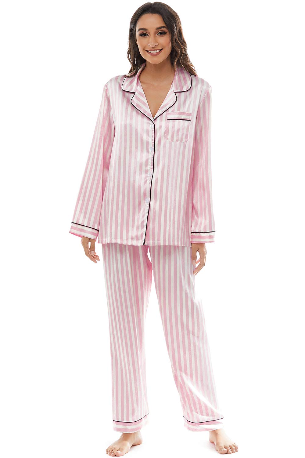 Escalier Womens 5pcs Silk Satin Pajama Set Cami Pjs Sleepwear Button Down Pj Sets Loungewear Pink