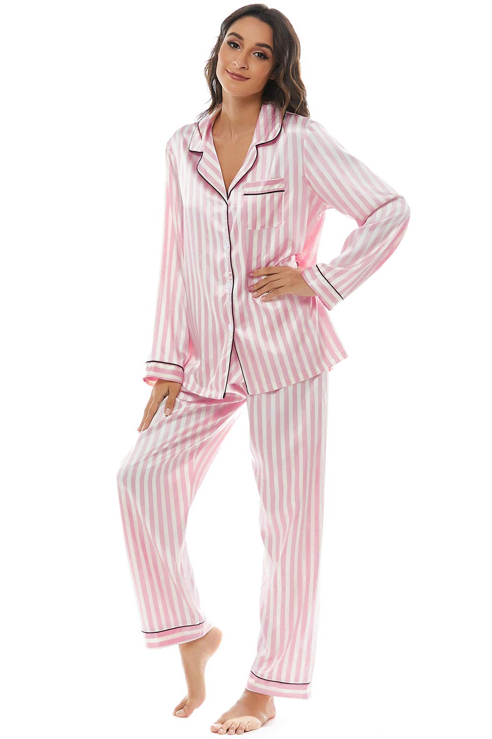 Escalier Womens 5pcs Silk Satin Pajama Set Cami Pjs Sleepwear Button Down Pj Sets Loungewear Pink