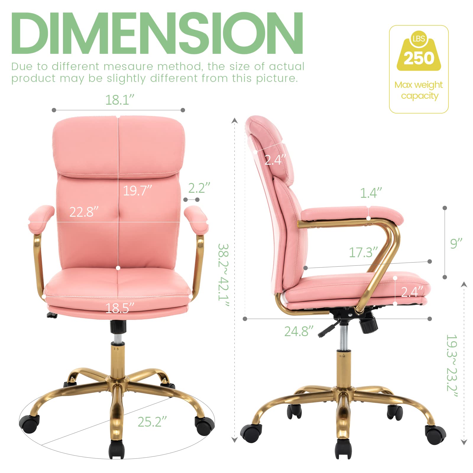 MFD LIVING Home Office Chair, Modern Upholstered Mid-Back PU Leather Task Desk Chair with Arms, Adjustable Rocking Swivel Computer Chair with Wheels (Pink)