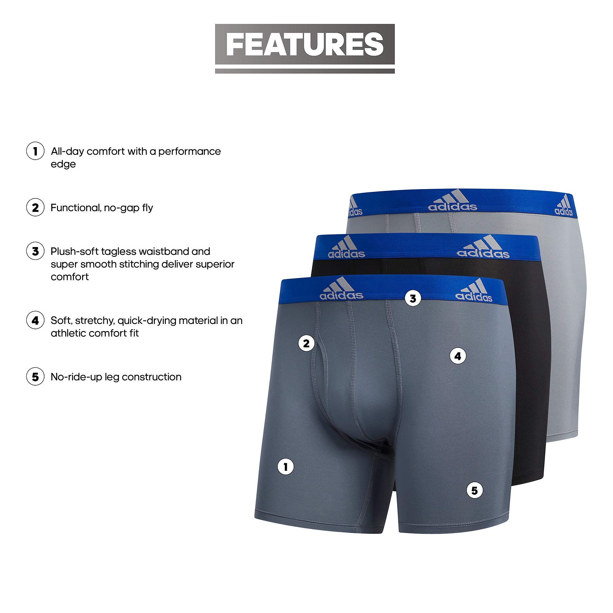 adidas Men's Microfiber Boxer Brief Underwear, Athletic fit (3-Pack), Onix Grey/Black/Collegiate Royal Blue/Performance, Large