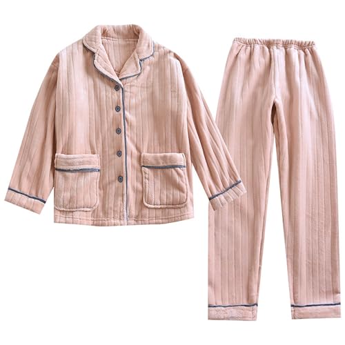 Dadatutu Women's Solid Cable Fleece Pajamas Sets Lapel Sleepwear Pocket Loose Long Sleeve Button Shirt Trousers Pajama Set