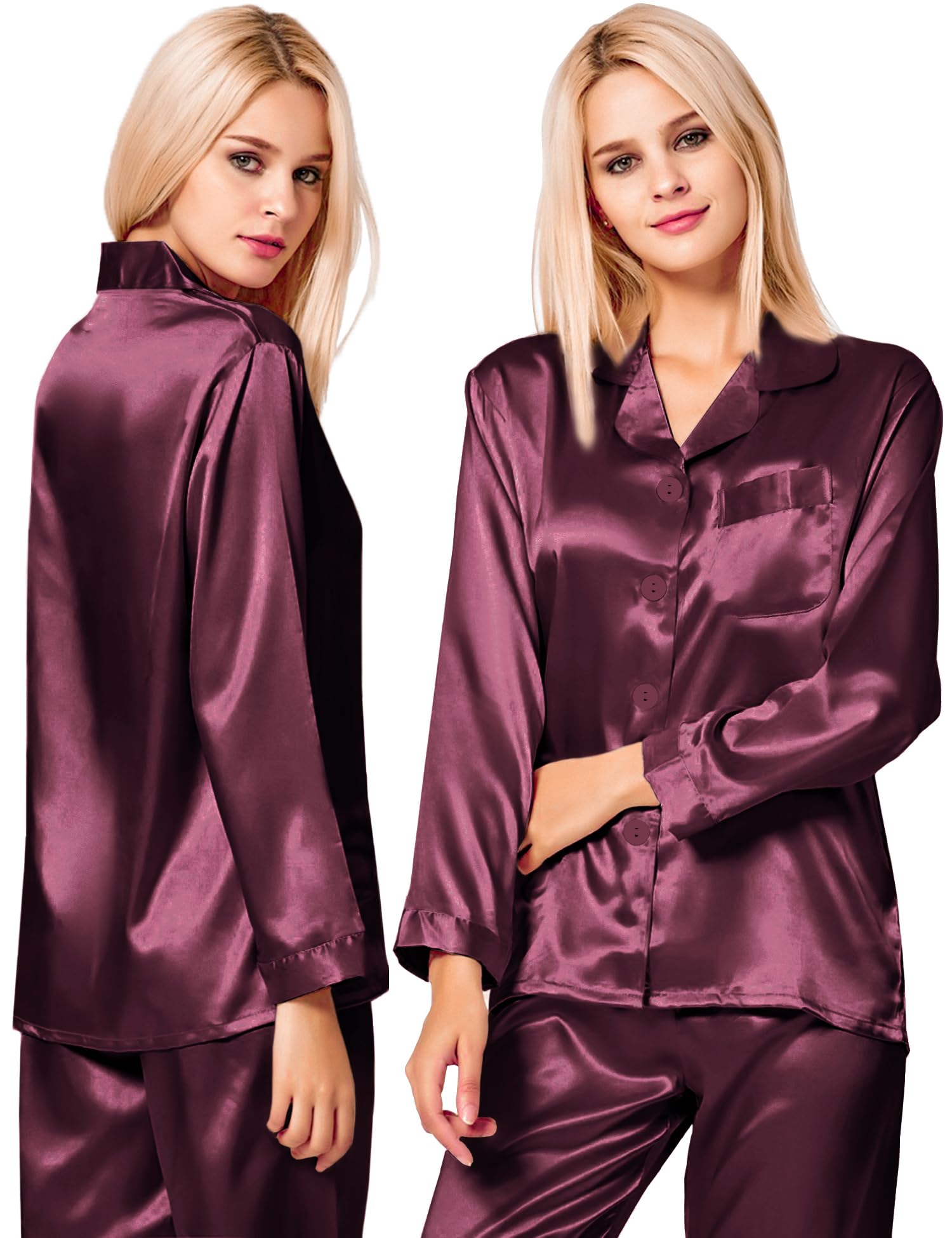 SWOMOG Women Pajamas Matching Pajamas Set Silk Satin Men Pj Set Long Sleeve Button Down Sleepwear 2 Pcs Loungewear Deep Wine Red Medium