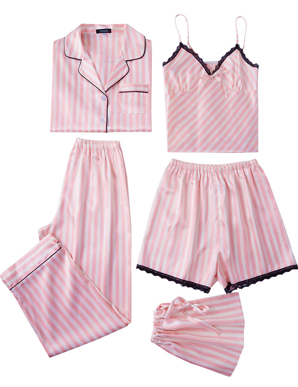 Escalier Womens 5pcs Silk Satin Pajama Set Cami Pjs Sleepwear Button Down Pj Sets Loungewear Pink