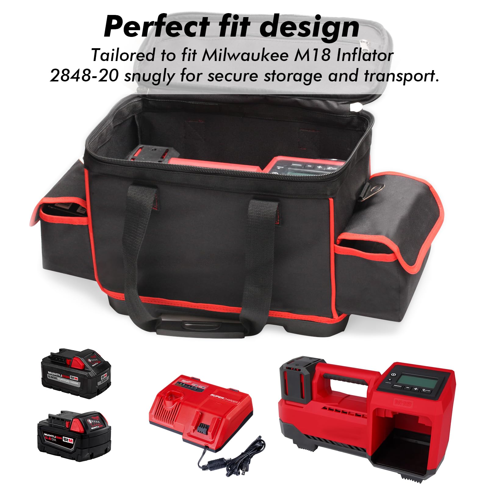 Air Compressor Bag, Compatible with Milwaukee M18 Inflator 2848-20, Air Pump and Battery Charger Carrying Box for Milwaukee, Holds 18V 3.0/4.0/5.0/6.0/6.5/7.0/8.0/9.0 Ah Battery, Black, Bag Only