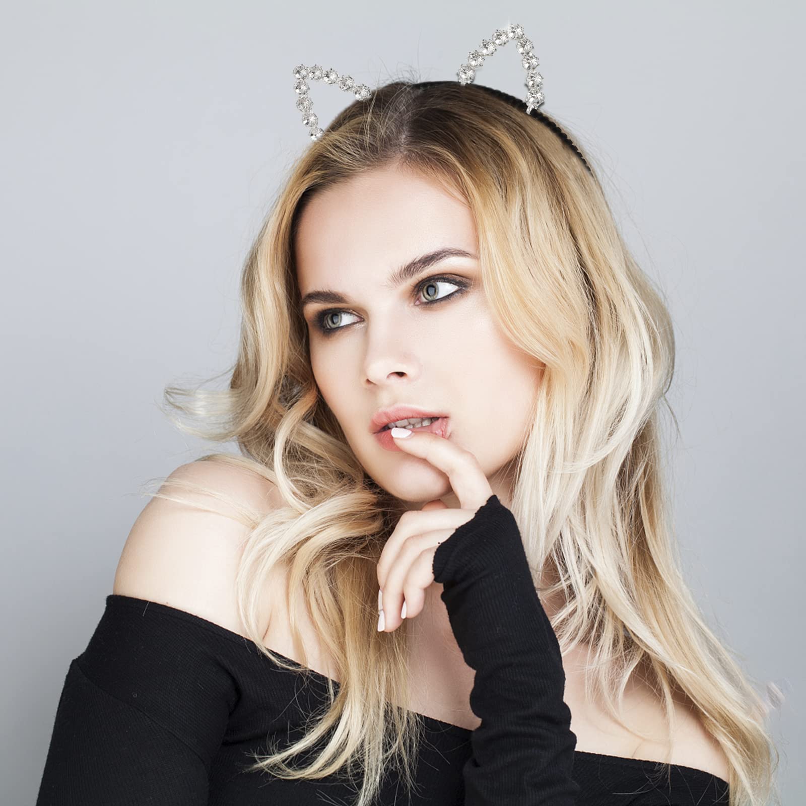 WHAVEL Crystal Rhinestone Animal Ears Headband - 3 Pcs Cosplay Cat Party Hair Accessories for Women (A)