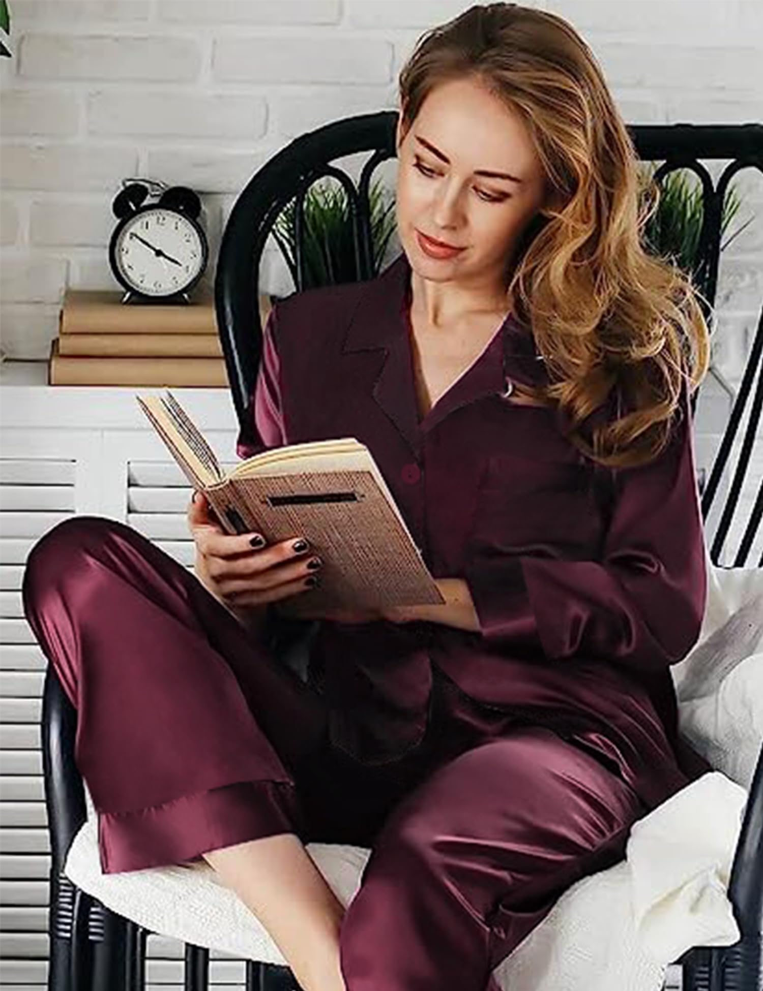 SWOMOG Women Pajamas Matching Pajamas Set Silk Satin Men Pj Set Long Sleeve Button Down Sleepwear 2 Pcs Loungewear Deep Wine Red Medium