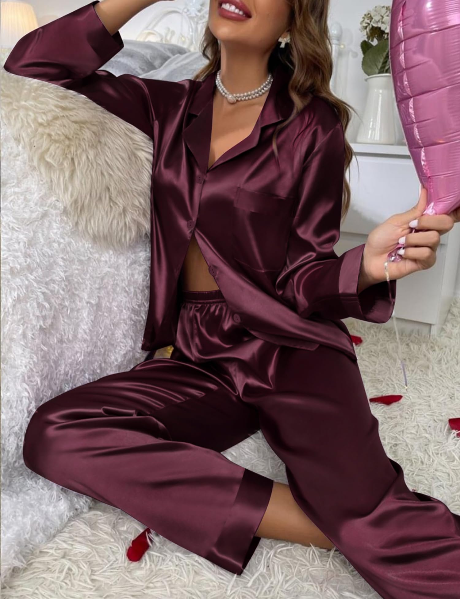 SWOMOG Women Pajamas Matching Pajamas Set Silk Satin Men Pj Set Long Sleeve Button Down Sleepwear 2 Pcs Loungewear Deep Wine Red Medium