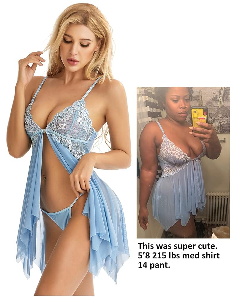 ADOREJOY Lingerie for Women Front Closure Babydoll Lace Chemise V Neck Mesh Sleepwear (Light Blue,L)