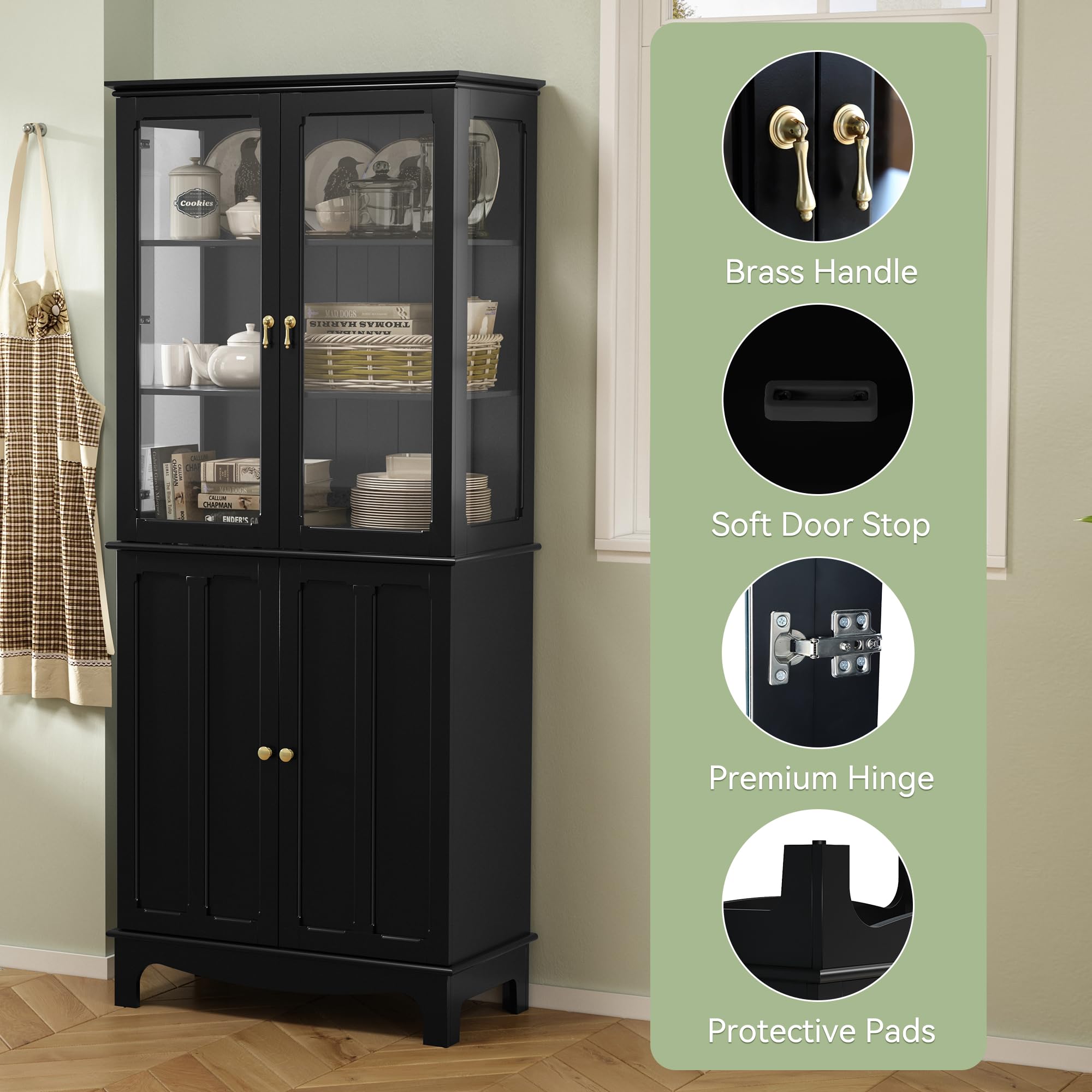 ARTPOWER 72" Freestanding Kitchen Pantry Storage Sideboard, Classical Tall Cabinet with Glass Door and Adjustable Shelves for Kitchen, Livingroom and Dining Room, Black